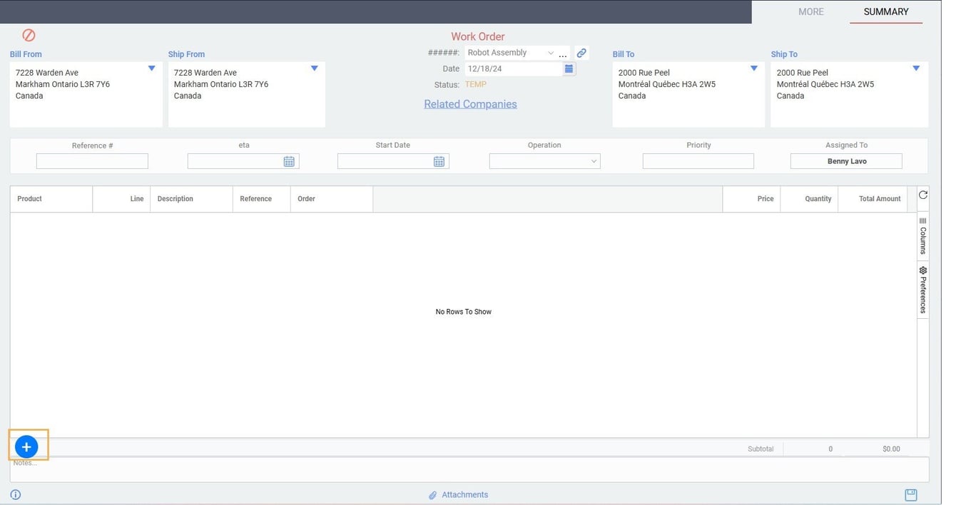 Creating a work order
