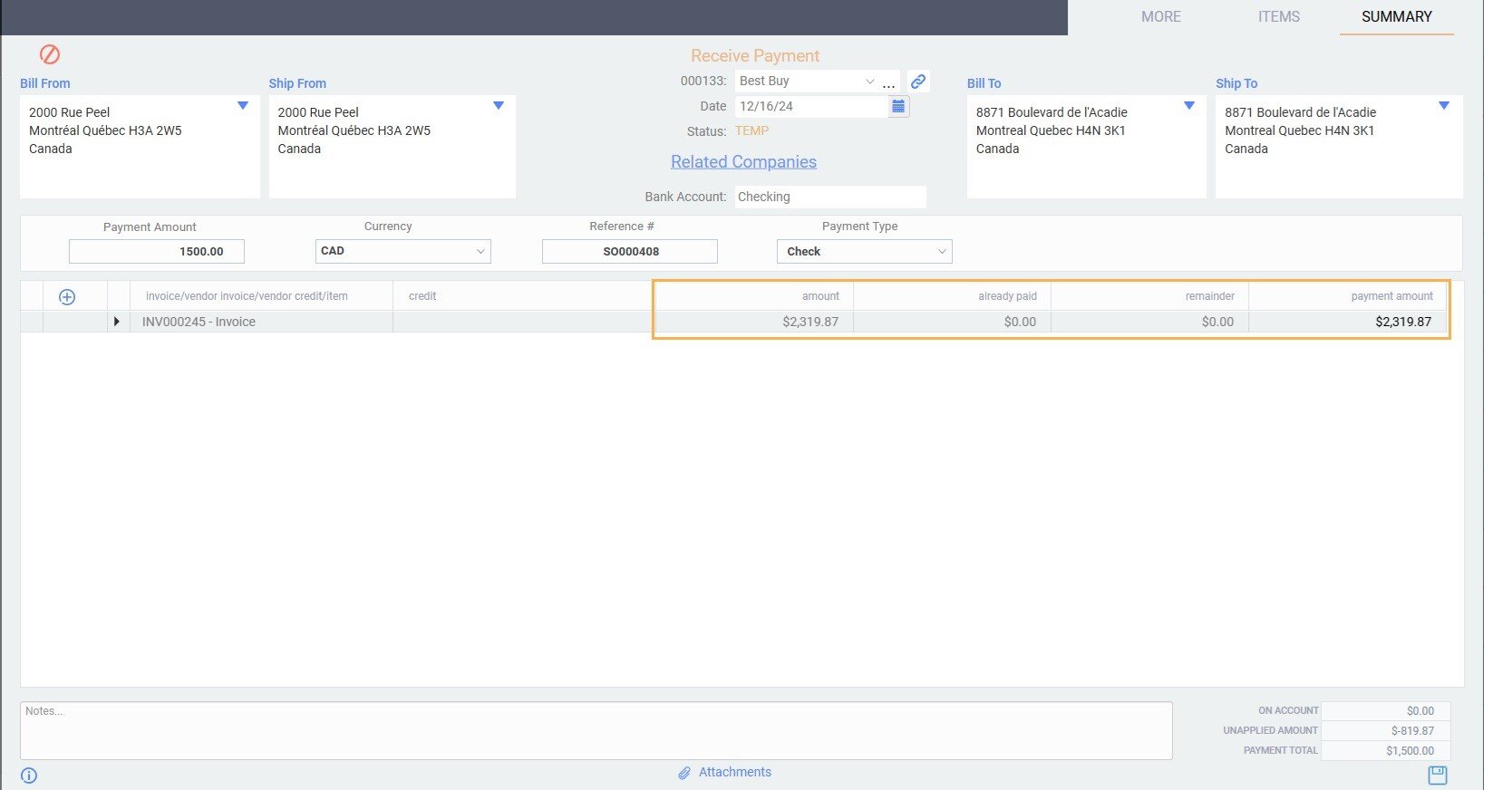 Receiving payments - Applying payment to a portion of an invoice